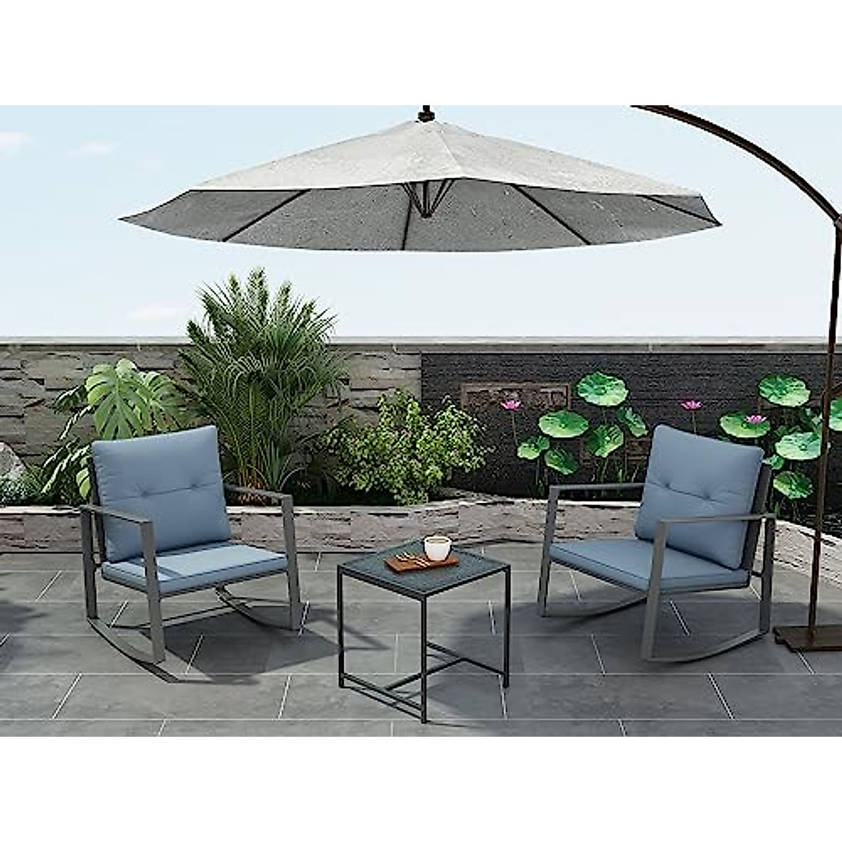 Pyramid Home Decor 3 Piece Rocking Bistro Set - Synthetic Wicker Outdoor Furniture - Glass Coffee Table with 2 Chairs for Balcony, Patio & Porch - Black Metal, Soft Cushions (Gray)
