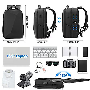 FENRUIEN Anti Theft Laptop Backpack for Men, Expandable Water Resistant Hardshell Backpack with USB Port, Black Business Travel Computer Bag 15.6 Inch