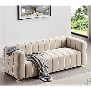 Container Furniture Direct Art Deco Velvet Sofa with Tufted Low Back Design, Sophisticated 3 Seater Couch for Living Rooms, 89 Inch Wide, Easy Assembly, Beige