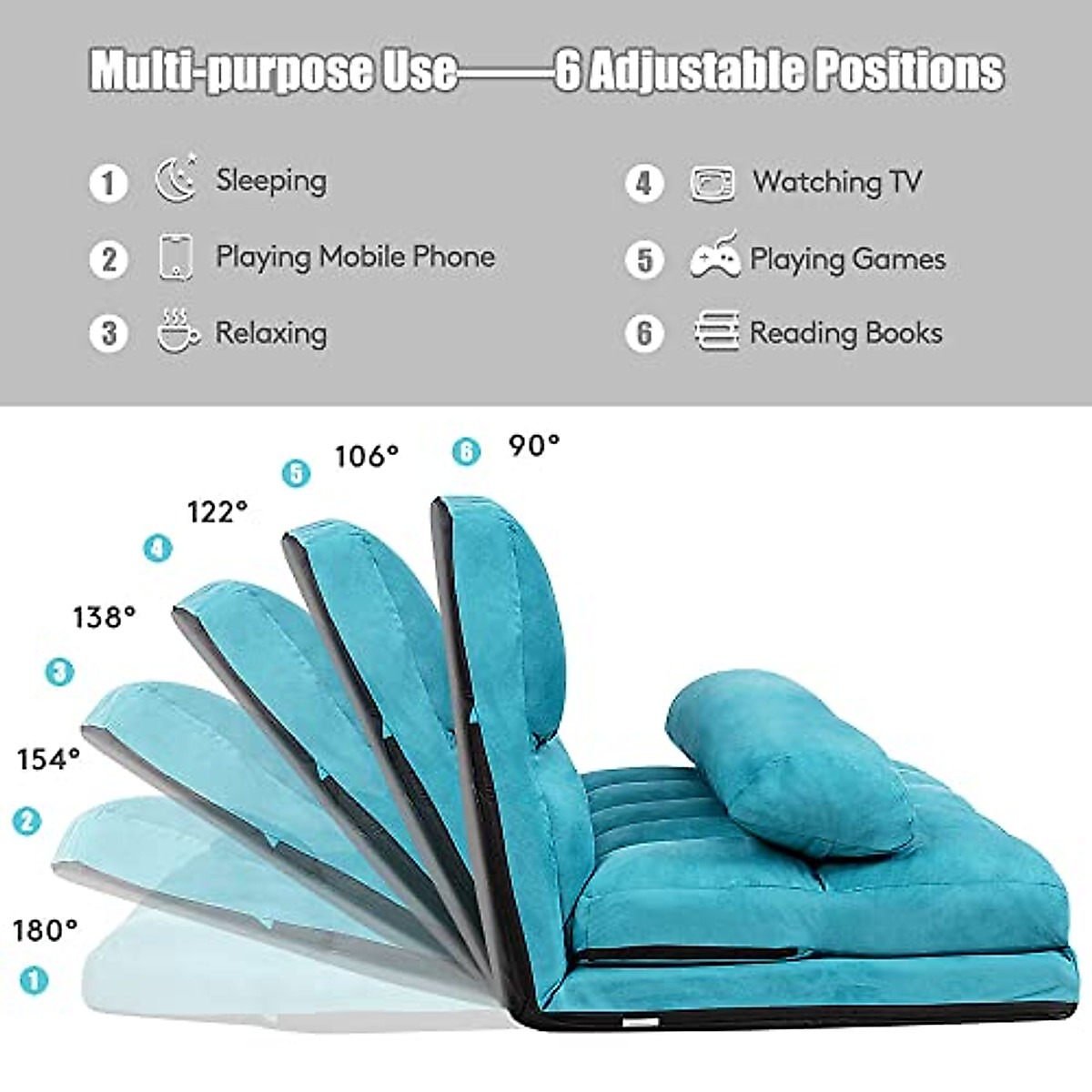 DORTALA Foldable Floor Sofa, 6-Position Adjustable Lounge Couch with 2 Pillows & Suede Cloth Cover, Modern Lounge Mattress Video Gaming Lazy Couch, Suede Floor Seating Sofa, 71" x 44.5", Blue