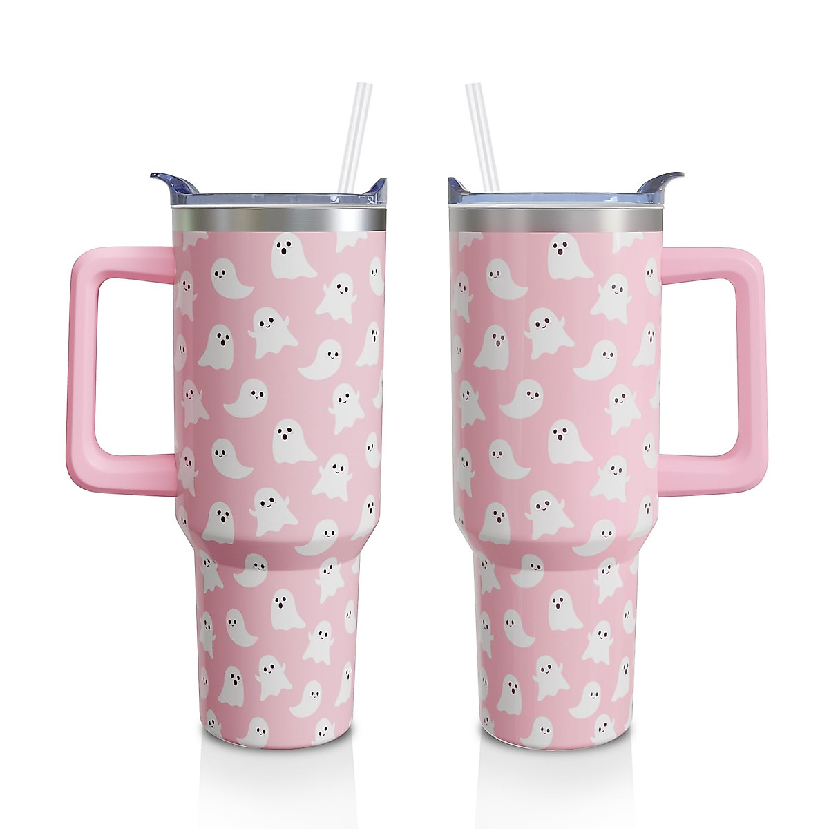 Aokoyi Halloween Ghosts 40 Oz Tumbler with Handle and Straw, Cute Spooky Stainless Steel Double Walled Vacuum Insulated Cup, Holiday Gifts for Women Girls