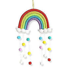 Rainbow Hanging Decoration, Macrame Tapestry Wall Hanging with Felt Ball, Handmade Braided Cords Pom-Pom,Mobile,Children’s Room Bedroom Nursery Decor-Red