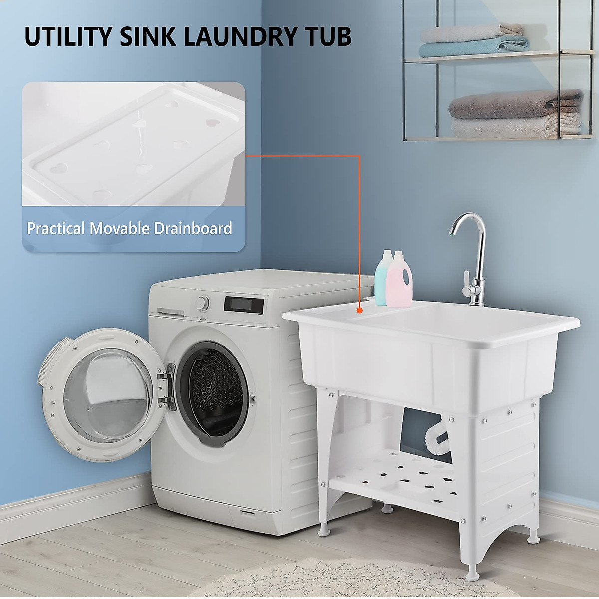 VINGLI Utility Sink Laundry Tub for Washing Room, Freestanding Utility Sink with Stainless Steel Faucet, White, 32.3"W x 22.4" D x43.3"H(Include Faucet)