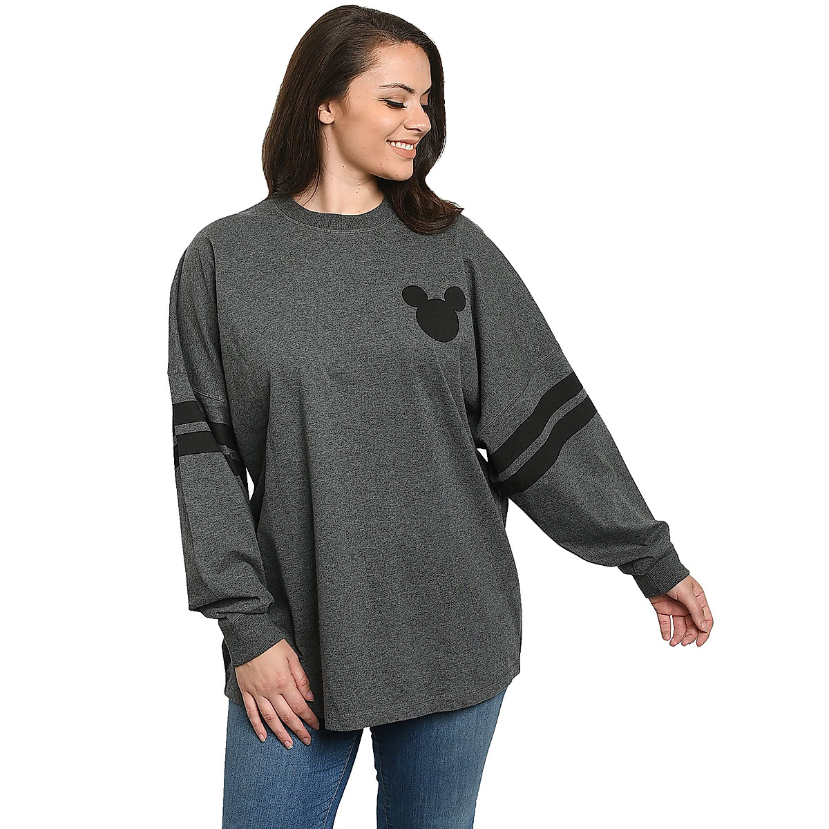 Disney Womens Long Sleeve Jersey Oversized Mickey Mouse (Charcoal, Large)
