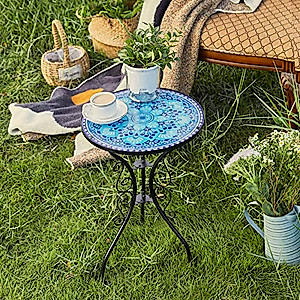 Lifoberstar Small Patio Side Table 21" End Table with 14" Blue Mosaic Glass Top Round Accent Table Bistro Balcony Coffee Tables Plant Stand for Livingroom Bedroom Indoor Outdoor Furniture