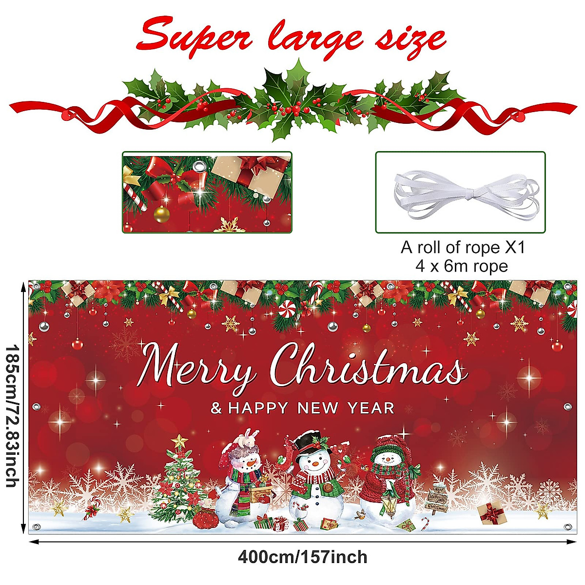 Christmas Snowman Garage Door Banner Cover 6 x 13 ft, Extra Large Fabric Winter Snowman Christmas Backdrop Photo Booth Background Yard Sign for Xmas Holiday Winter New Year Eve Party Supplies