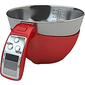 Fradel Digital Kitchen Food Scale with Bowl (Removable) and Measuring Cup - Stainless Steel, Backlight, 11lbs Capacity - Cooking, Baking, Gym, Diet - Precise Measuring (Red)