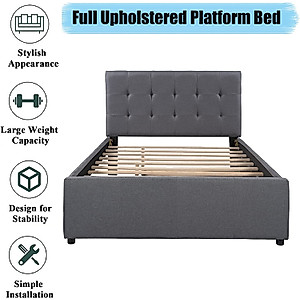 CITYNIGHT Upholstered Full Size Platform Bed with Headboard and Trundle,Linen Wood Full Trundle Bed Frame for Kids Teens,No Box Spring Needed (Full,Grey+Trundle)