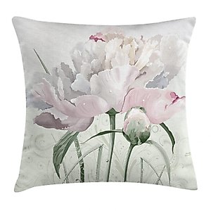 Ambesonne Flower Throw Pillow Cushion Cover, Floral Pink Roses Tulips Abstract Garden Leaves with Petals and Buds Detailed Print Image, Decorative Square Accent Pillow Case, 18" X 18", White