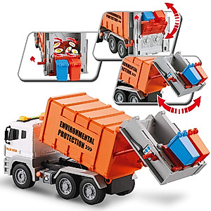 12" Garbage Truck Toys Trash Truck Dump Truck with 4 Garbage Cans, Friction Powered Truck with Sound and Light,Push and Go Pull Back Car for Boys