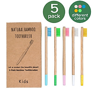 ECOPRO Kids Bamboo Toothbrushes 5 Pack Manual Toothbrush, Eco-Friendly Waterproof Wooden Handle Tooth Brushes Kit for Chidren
