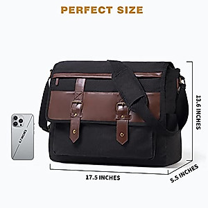 Celvetch Laptop Messenger Bag - PU Leather Briefcase for Men Canvas Shoulder Bag Computer Bag for Work Travel College - Black