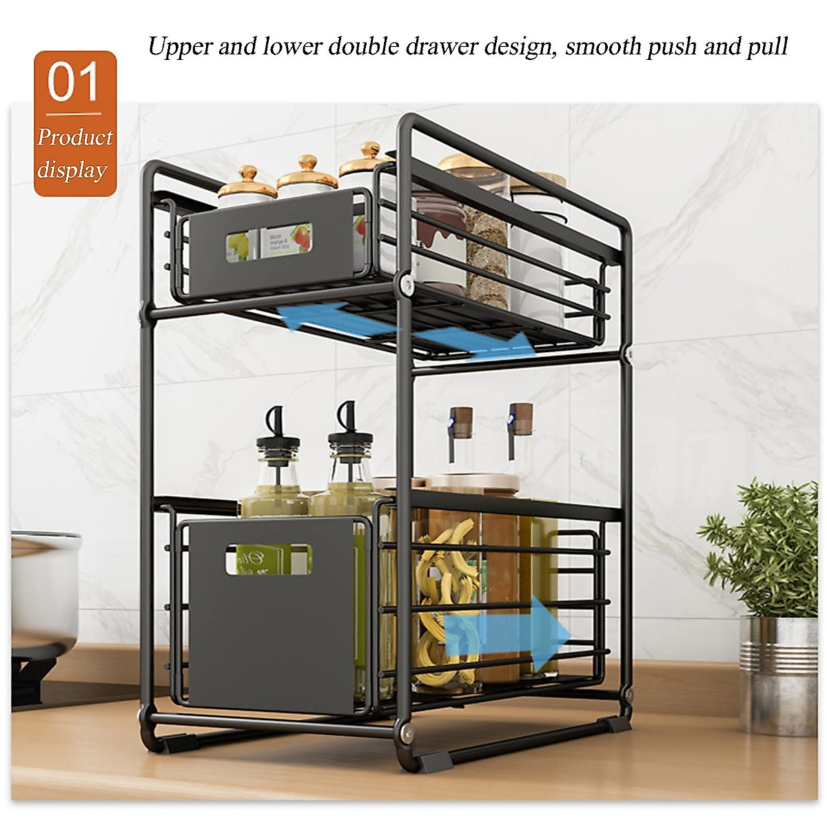 LEAYAN Under Sink Storage Under Sink Storage, 2 Tier Under Sink Storage Organizer for Bathroom Kitchen Multi-Purpose Standing Rack Organizer Under Sink Rack Shelf, White 35x21.5x43cm