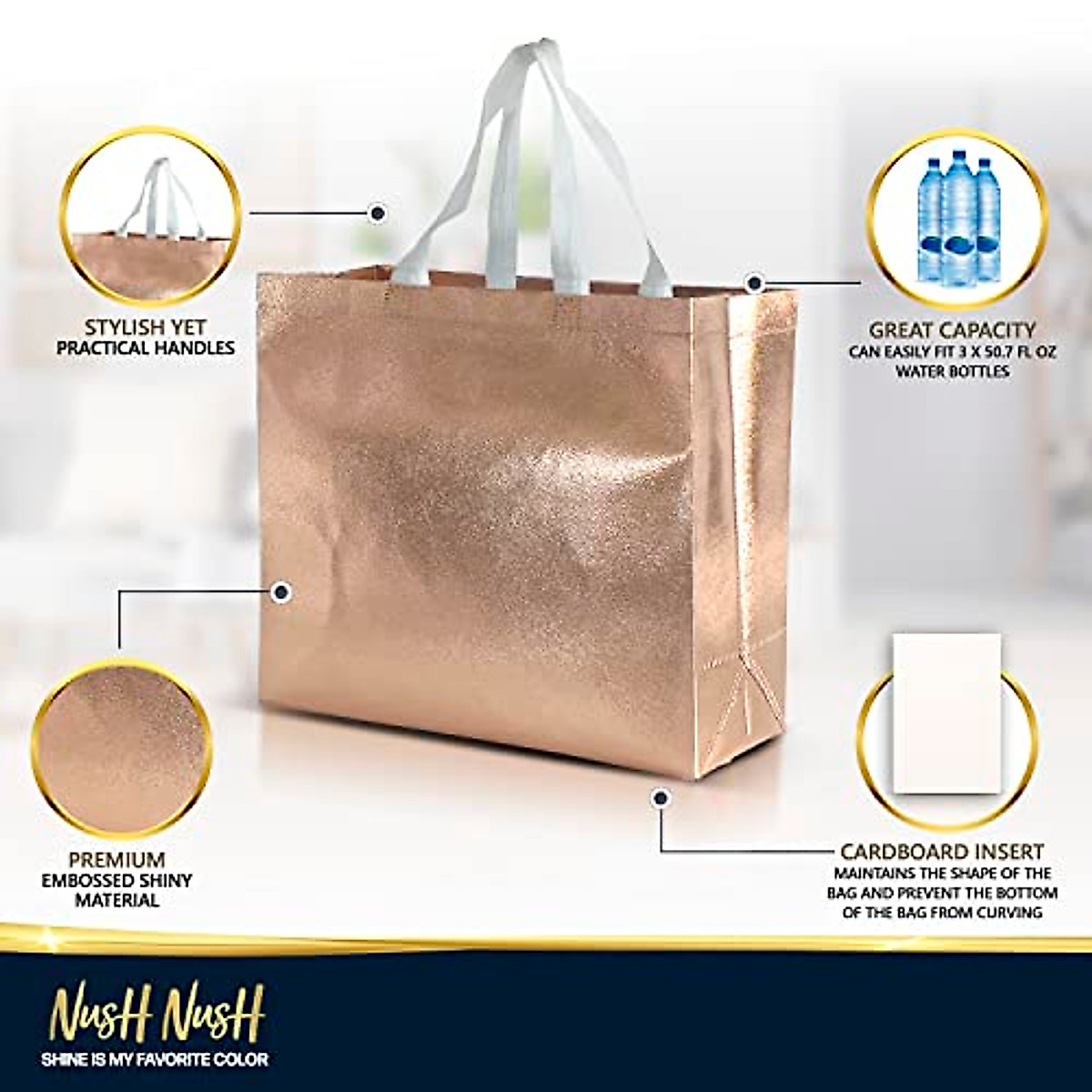 Nush Nush Rose Gold Gift Bags Large Size – Set of 15 Reusable Rose Gold Gift Bags With White Handles - Perfect As Christmas Gift Bags, Goodie Bags, Birthday Gift Bags, Party Favor Bags –13Wx5Dx11H