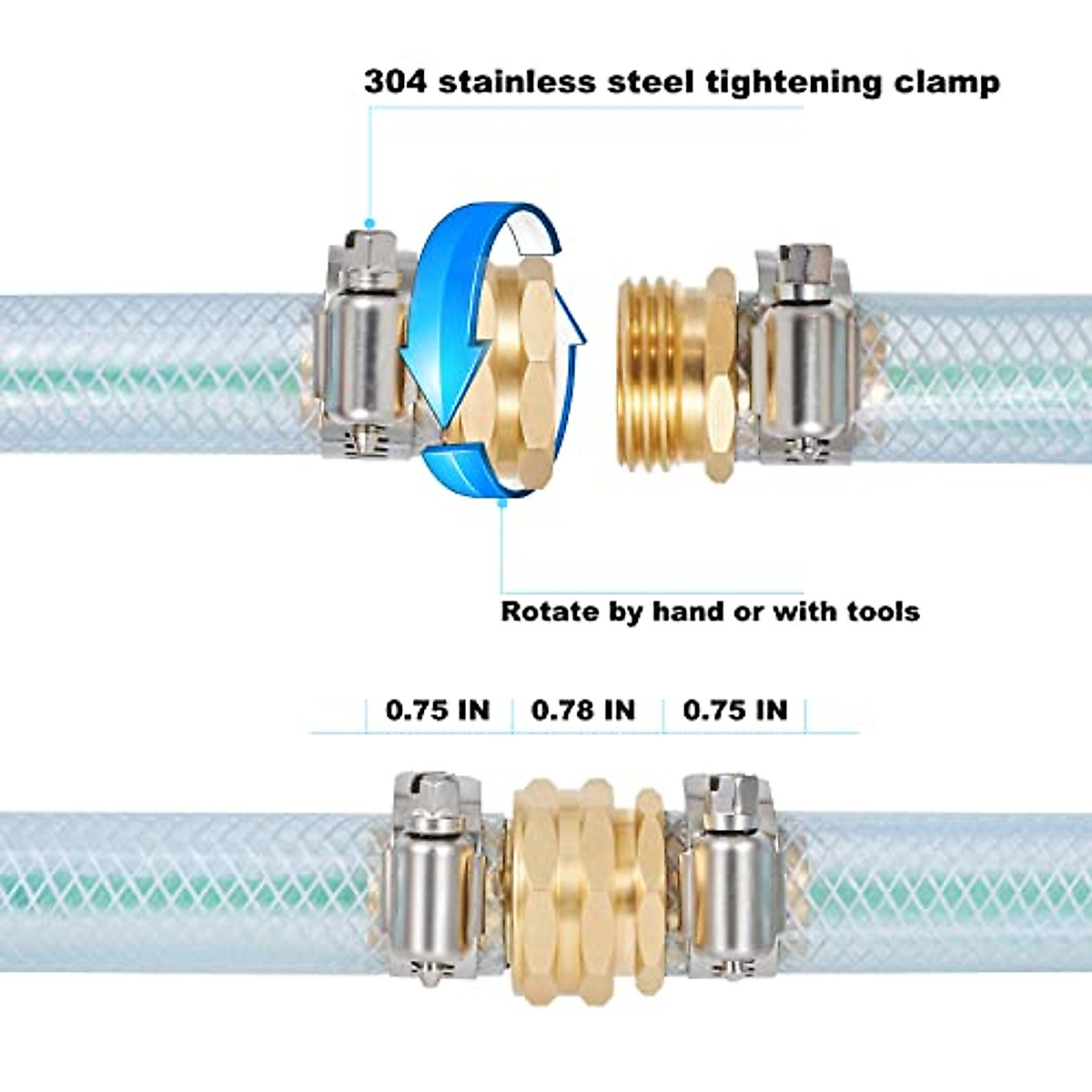 3Sets Brass Garden Hose Mender End Repair Kit Water Hose End Mender with Stainless Steel Clamp,Female and Male Hose Connector (3/4)