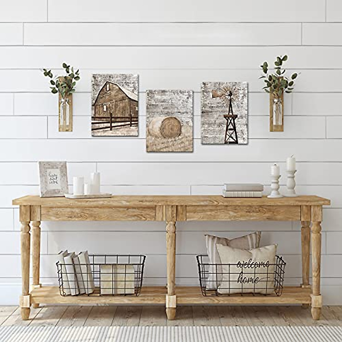 SiMiWOW Windmill Wall Decor Country Farmhouse Wall Art Barn Corn Field Windmill Painting Framed Canvas Prints Ready to Hang