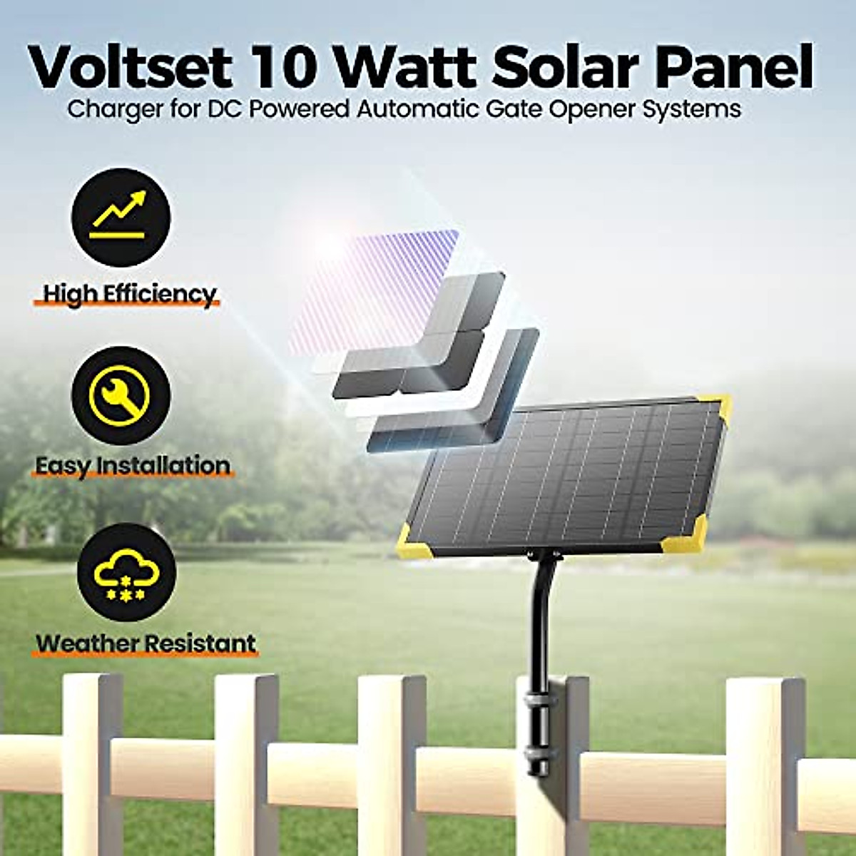 Voltset 10 Watt Solar Panel Kit Powered Charger, 12V Waterproof Solar Battery Trickle Charger & Maintainer with Tubular Bracket + Installation Tool for Automatic Gate Opener, Electrical Fence
