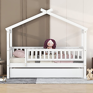 Twin House Bed with Trundle, House Bed for Kids, Wooden Daybed Twin Platform Bed Frame with Guardrails and Roof, for Girls Boys, Easy Assembly (Twin Size, White)