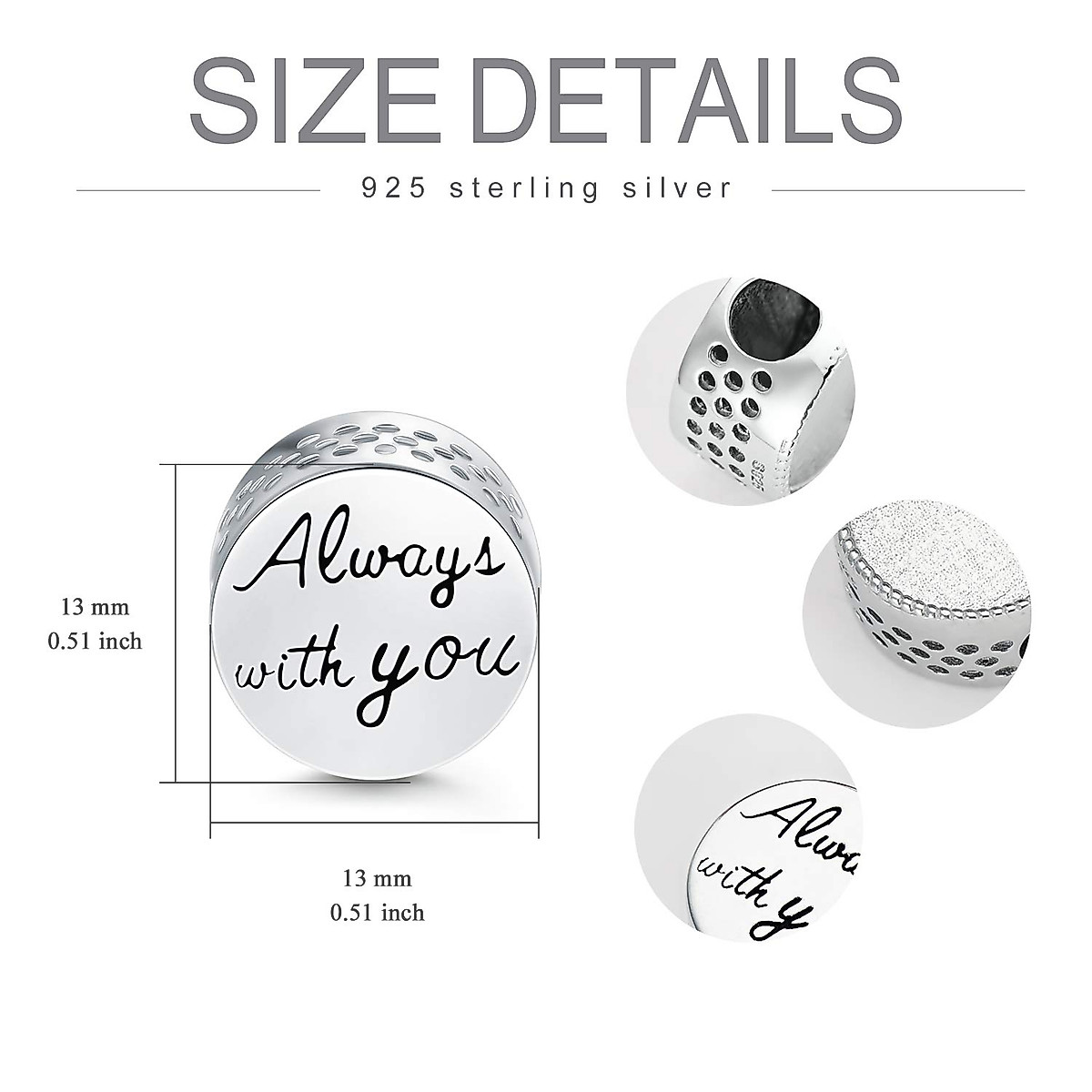 PEIMKO Personalized Photo Charm Fit Snake Bracelet Sterling Silver Customized Picture Round Shape Bead (A-always with you round)