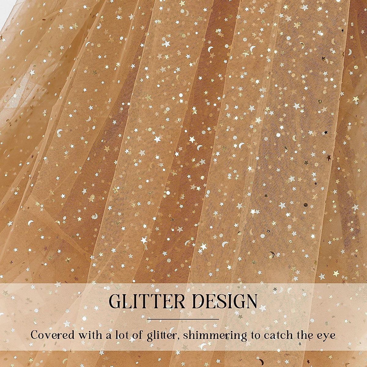 Hosuly 54" x 20 Yard Gold Tulle Fabric Sheer Stars and Moon Gold Tulle Rolls for Tutu Skirt DIY Craft Handmade Dress Skirt Fabric Wedding Decoration(Gold)