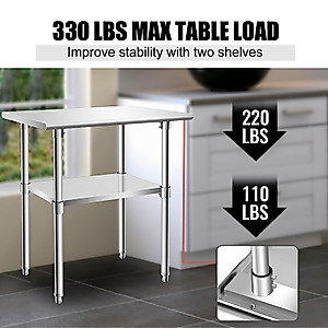 KODOM Food Prep Stainless Steel Table 30" x 24", Heavy Duty Workbench with Adjustable Under Shelf, Commercial Worktable for Kitchen, Restaurant, Home and Hotel
