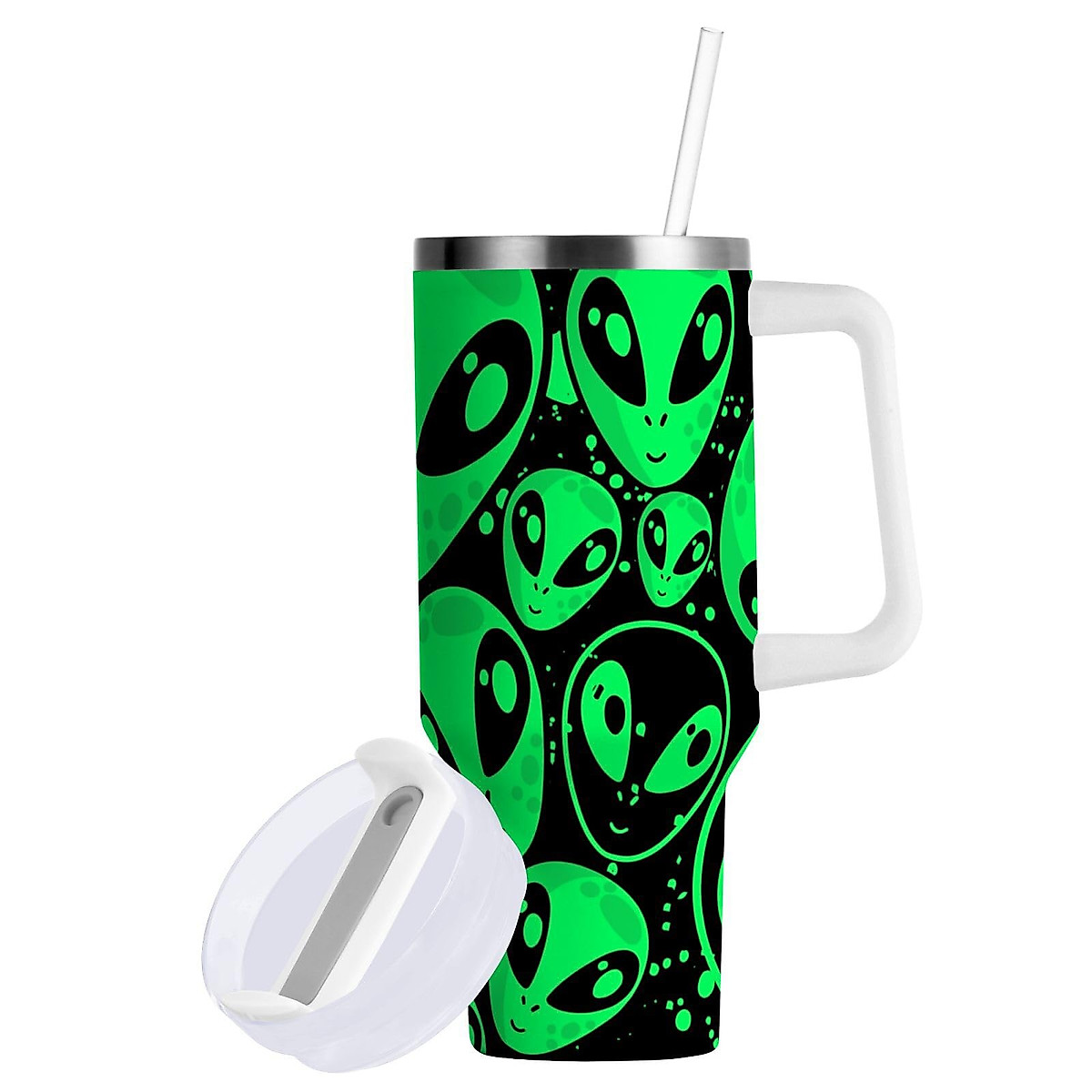 ARGTILDN 40 oz Tumbler Green Space Alien Insulated Travel Mug with Handle and Straw Lid Stainless Steel Vacuum Coffee Cup Tea Beverage Container Water Bottles for Car Sports office