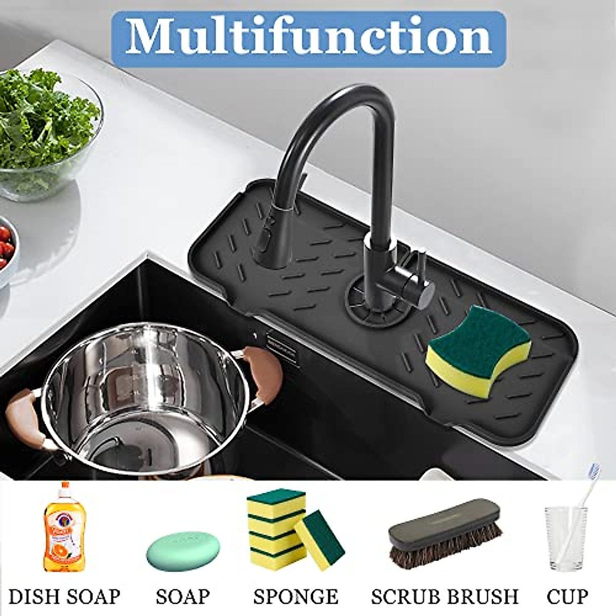 Silicone Faucet Mat for Kitchen, Sink Splash Guard, Sink Draining Pad Behind Faucet, Kitchen Sink Accessories, Faucet Absorbent Mat, Bathroom Faucet Water Catcher Mat (Black (15.4" x 5.9"))