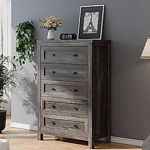 LUXOAK Farmhouse 5 Drawers Dresser, Wood Rustic Chest of Drawers for Bedroom, Tall Dressers Organizer with Metal Handles, 5 Drawers Chest for Living Room, Hallway, Entryway, Grey