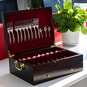 GENRICE Wooden Silverware Chest without Silverware Double-layer, Silverware Box Storage for Silver, Silverware Case with Handle and Felt Lined, Flatware Chest for 12 or 16 or more sets of Utensils