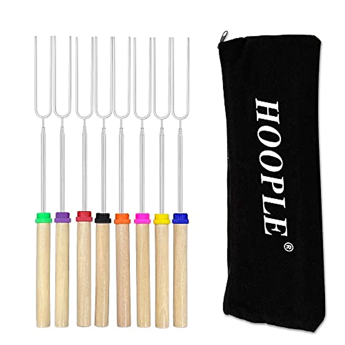 HOOPLE 8PC Marshmallows Roasting Sticks - Essential Camping Accessory 32In Extendable Stainless Steel Fork, Smores Kit, Smores Skewers for Fire Pit Kit, Hot Dogs & Smores Sticks.