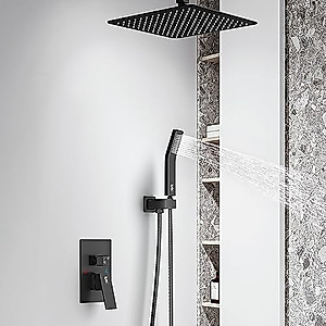 SR SUN RISE 12 Inch Ceiling Mount Matte Black Shower System Bathroom Luxury Rain Mixer Shower Combo Set Ceiling Rainfall Shower Head System Faucet Trim Repair Kits Rough-in Valve and Trim Included
