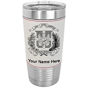 LaserGram 20oz Vacuum Insulated Tumbler Mug, Coat of Arms Dominican Republic, Personalized Engraving Included (Faux Leather, Baseball Style)