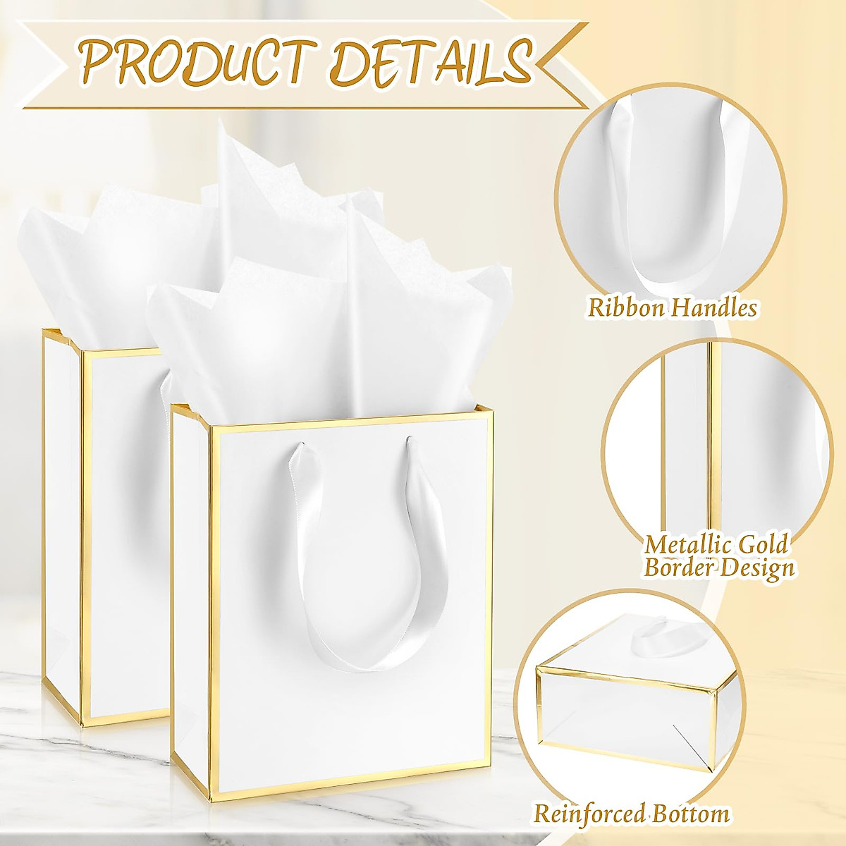 Yeaqee 50 Pack Metallic Paper Gift Bags with Handle and Tissue Paper Wedding Thank You Favor Bag for Bridal Shower Groomsmen 5 Senses Gift Bags for Her Him Birthday 9 x 7 x 3.15''(White and Gold)