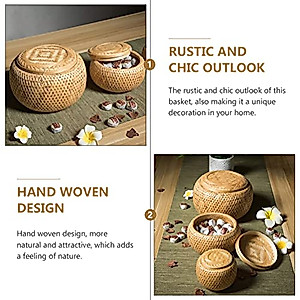 Hemoton Woven Tea Basket Food Serving Baskets with Lid Woven Wicker Basket Round Woven Wicker Basket Log Color