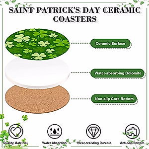 Happy St Patrick's Day Coasters for Drinks 4 Pieces Set Shamrocks Clover Bar Cup Coaster Round Cork Coasters Thick Cork Drink Bar Coasters for Table Kitchen Dining Home Decor, 3.94 Inches
