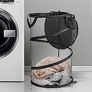 Mesh Collapsible Laundry Hamper with Lid, Large Clothing Storage Bucket with Handles,Dirty Clothes Storage Basket for The Kids Room, College Dorm or Travel (1PCS, Black)