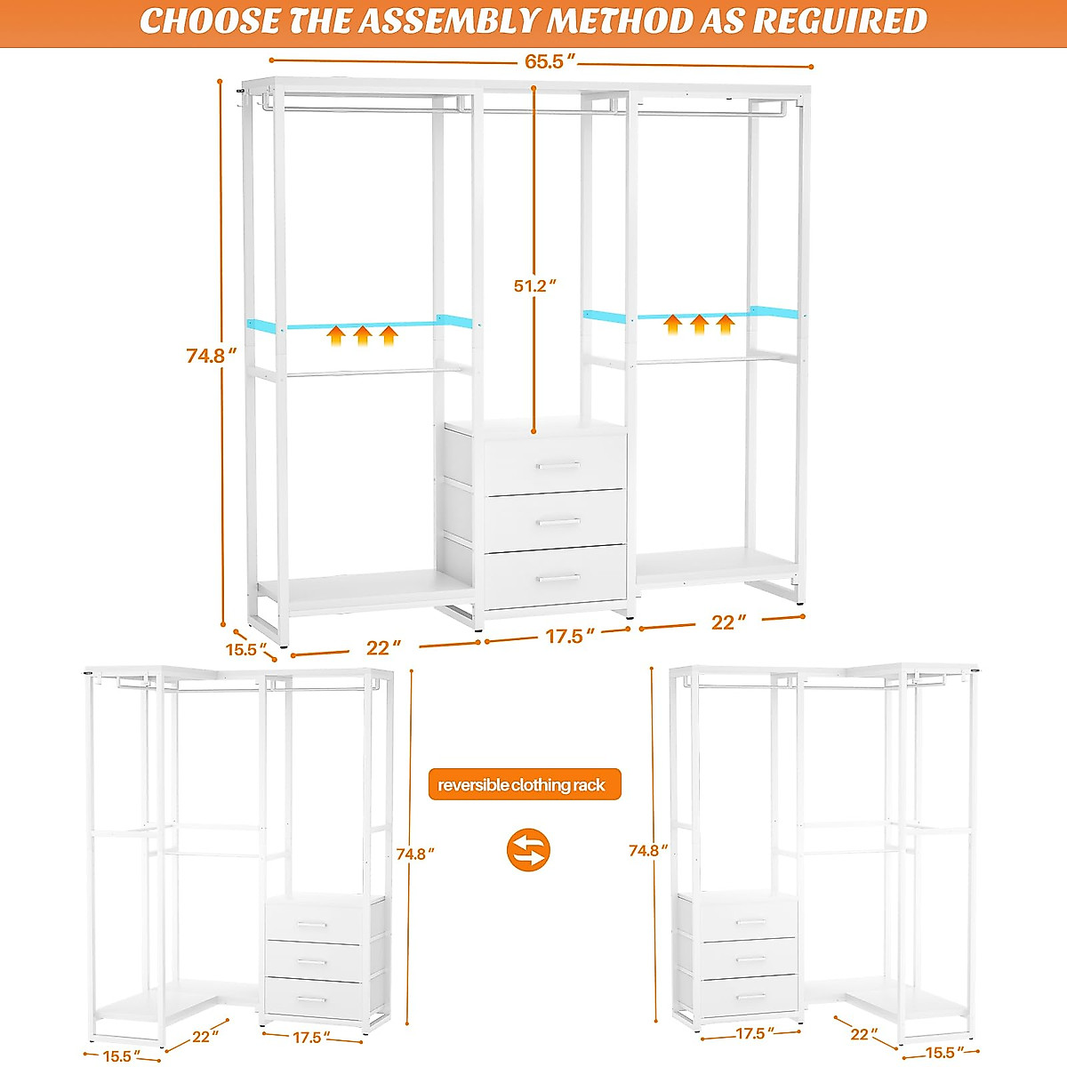 Aheaplus Garment Rack Heavy Duty Clothes Rack for Hanging Clothes,Clothing Rack with Drawers, Wood Stoarge Shelf Freestanding Closet Wardrobe Rack, Corner L Shaped Closet System Organizers, W3,White