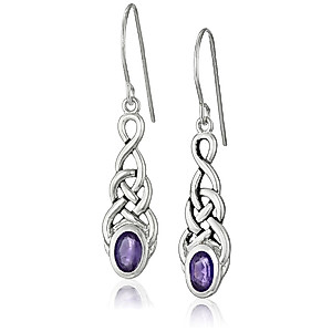 Amazon Collection Sterling Silver Genuine African Amethyst Celtic Knot Linear Drop Earrings