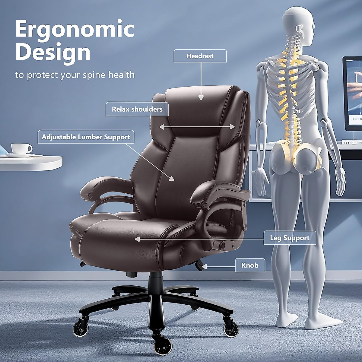 Waleaf Heavy Duty Office Chair 500lbs, Big and Tall Office Chair for Heavy People, Adjustable Ergonomic Lumbar Support Executive Office Chair with High Back with Quiet Rubber Wheels (Brown)