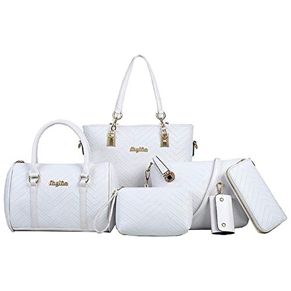 Women Handbags 6 Pcs Set PU Top Handle Purse Splicing Shoulder Crossbody Bag Tote Satchels Clutch Card Holder White