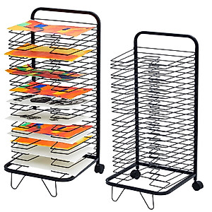 Qilery 2 Pack Art Drying Rack 25 Removable Shelves Mobile Paint Drying Rack Classroom Mobile Art Storage Rack with Wheels for Perschool Artwork Studios,15.7 D x 15.7 W x 35.4 H(Black)