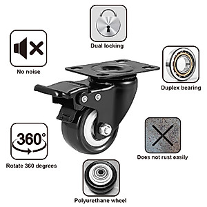 Casters, 2" Caster Wheels，Casters Set of 4 Heavy Duty - ASRINIEY Black Polyurethane Castors, Top Plate Swivel Wheels, 4-Pack Industrial Casters with Brake, Locking Casters for Furniture and Workbench