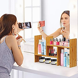 Pipishell Bamboo Desktop Shelf Organizer, Adjustable Shelves Storage Rack for Desk, Expandable Wooden Display Stand Shelf, Art Office Supplies Decor