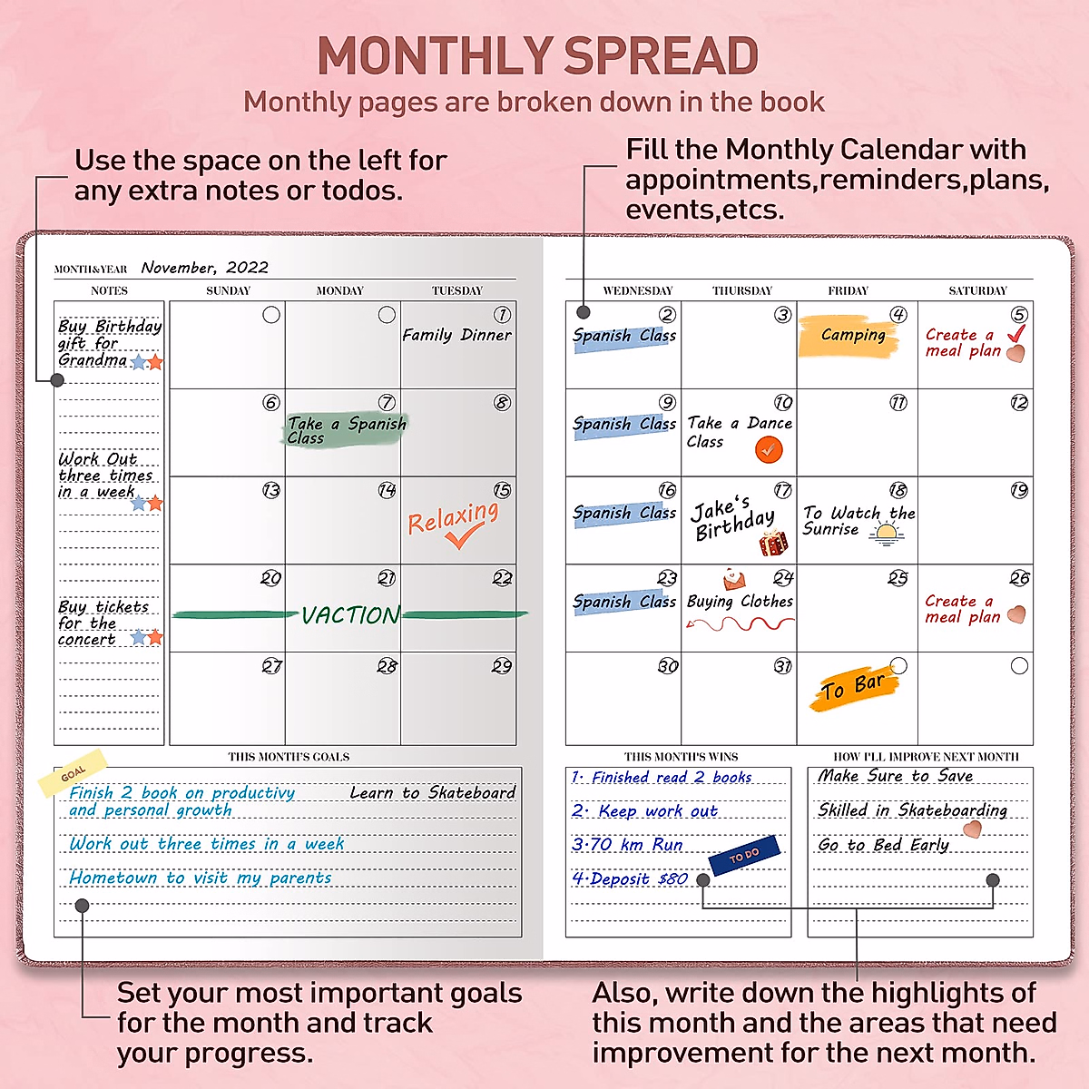 Planner – Undated Weekly & Monthly Life Planner with Time Slots, Appointment Book and Daily Organizer, Lasts 1 Year, A4 Size Hardcover – Rose Gold