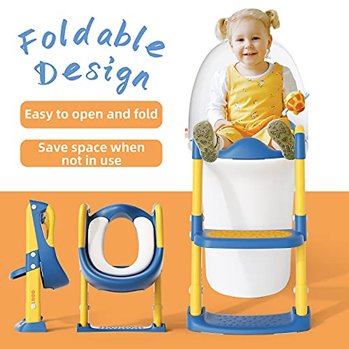 YMINA Potty Training Seat for Kids Toddlers Potty Training Toilet with Handles & Step Foldable Adjustable Comfortable and Anti-Slip Pad for Girls and Boys (Blue)