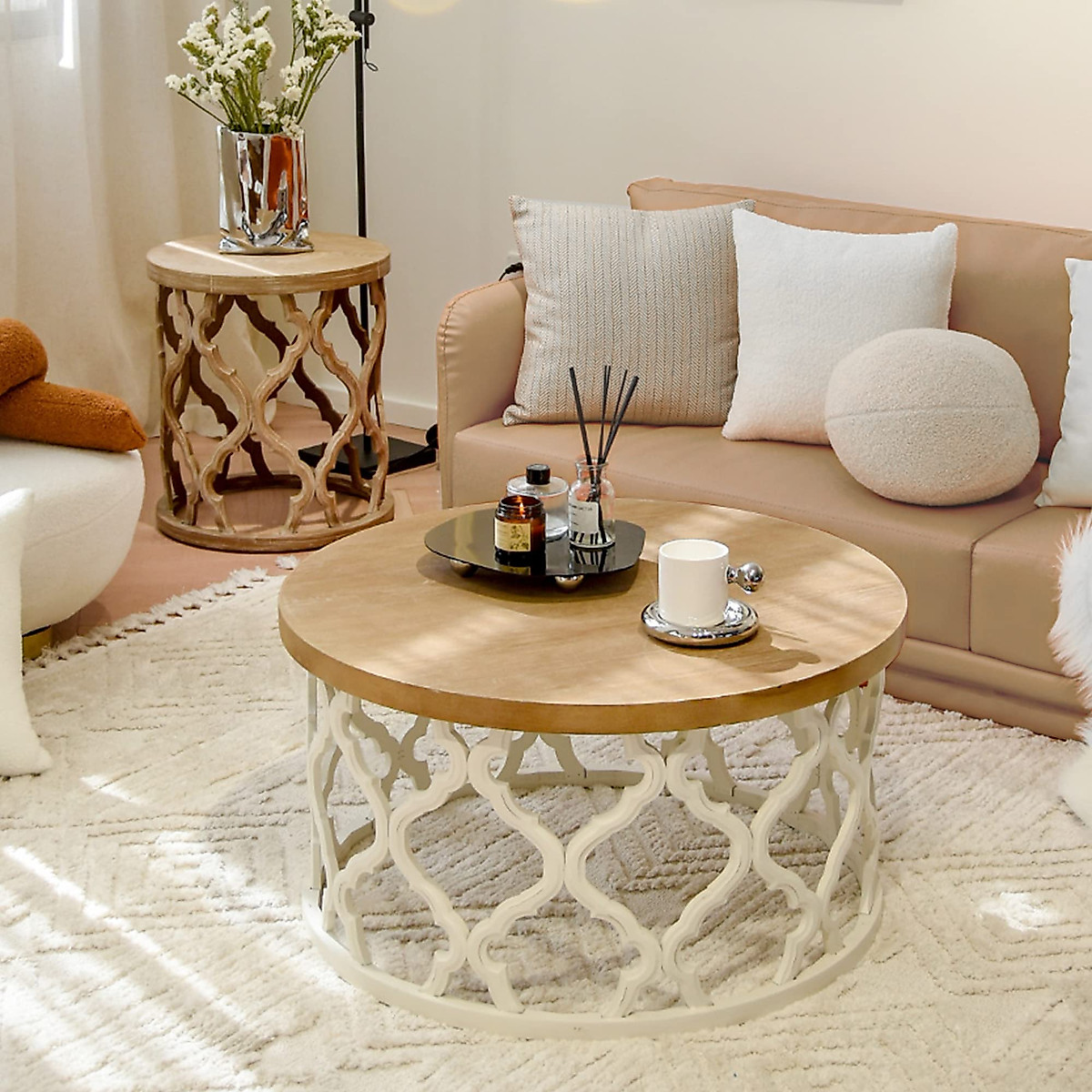 Clredg Round Farmhouse Coffee Table, Wood Grain Top Table with Curved Motif Frame Base for Rustic, Boho, Rustic, French Country Decor, Traditional White