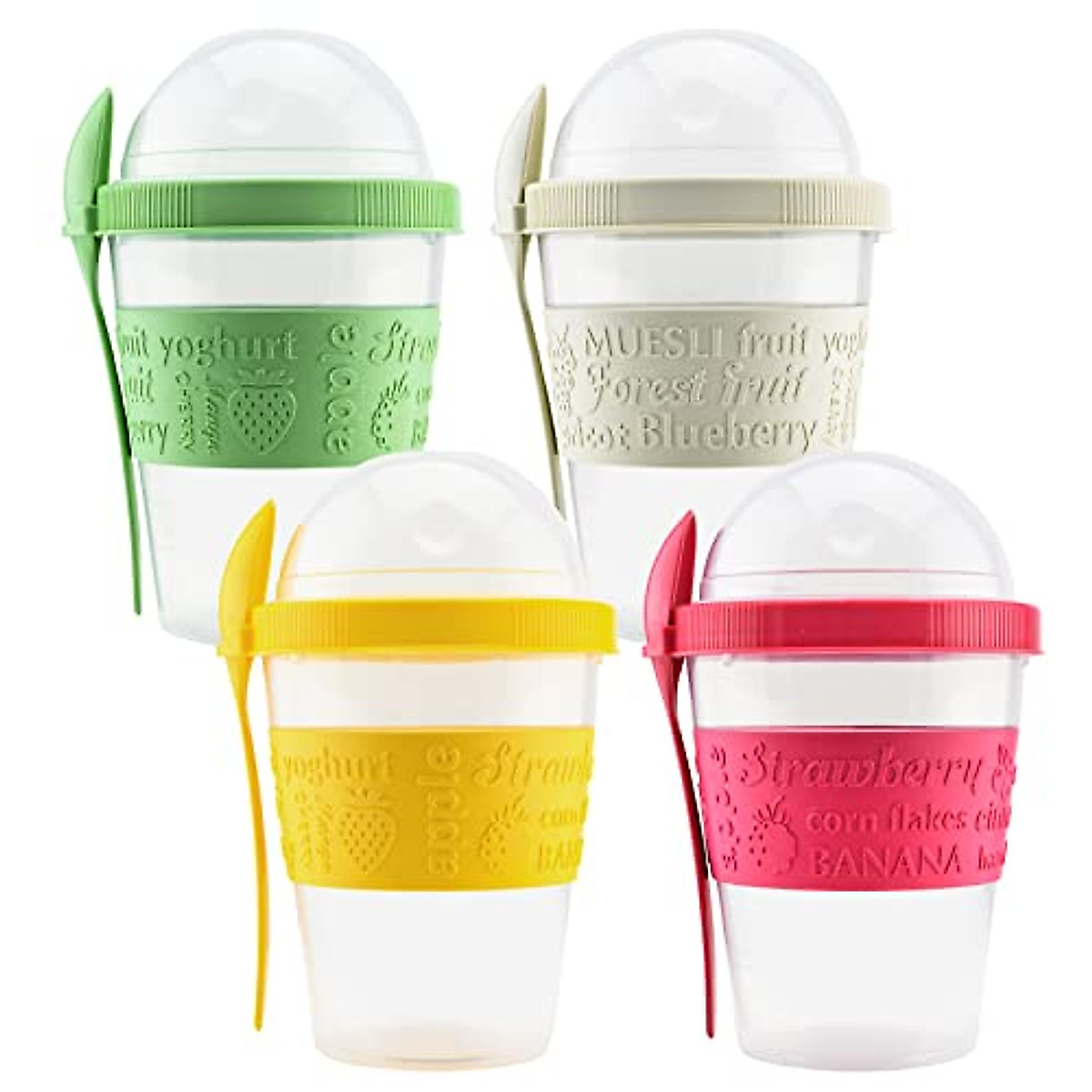 Tribello 20 OZ Overnight Oats Container With Lid, Set of 4 Crunch Cups To Go, Portable Parfait Cup With Compartments for Topping Cereal Or Oatmeal - Colorful