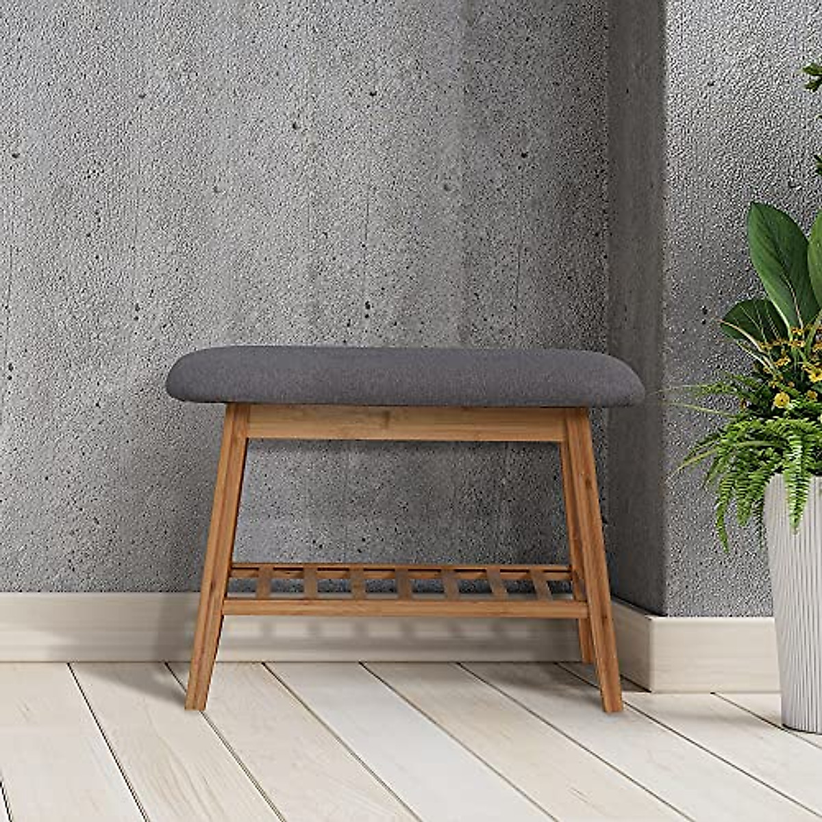 Knocbel 23.6in Bamboo Entryway Cushioned Shoe Bench with Slatted Shelf, 2-Tier Portable Shoes Storage Rack Organizer (Natural)