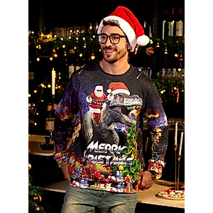 Arvilhill Christmas Mens Funny Holiday Xmas Santa Dinosaur Long Sleeve Sweater Ugly 3D Printed Party Sweatshirt M
