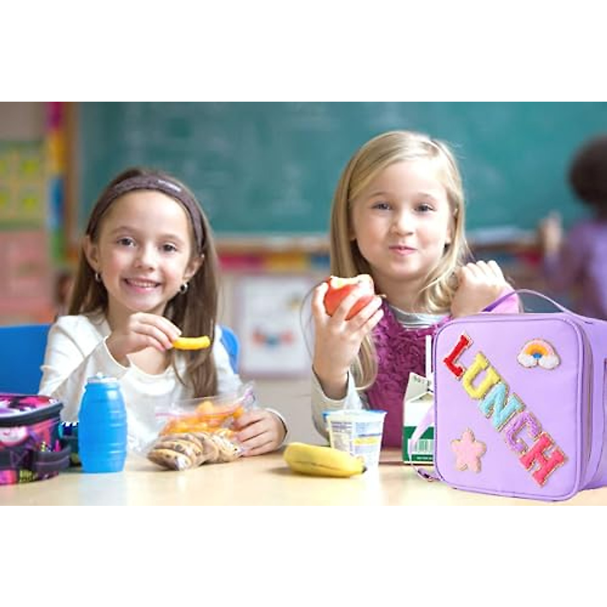 HASOIY Personalized Colorful Letter Patch Insulated Lunch Bag Custom Glitter Varsity Letters Reusable Lunchbox For Kids (purple)